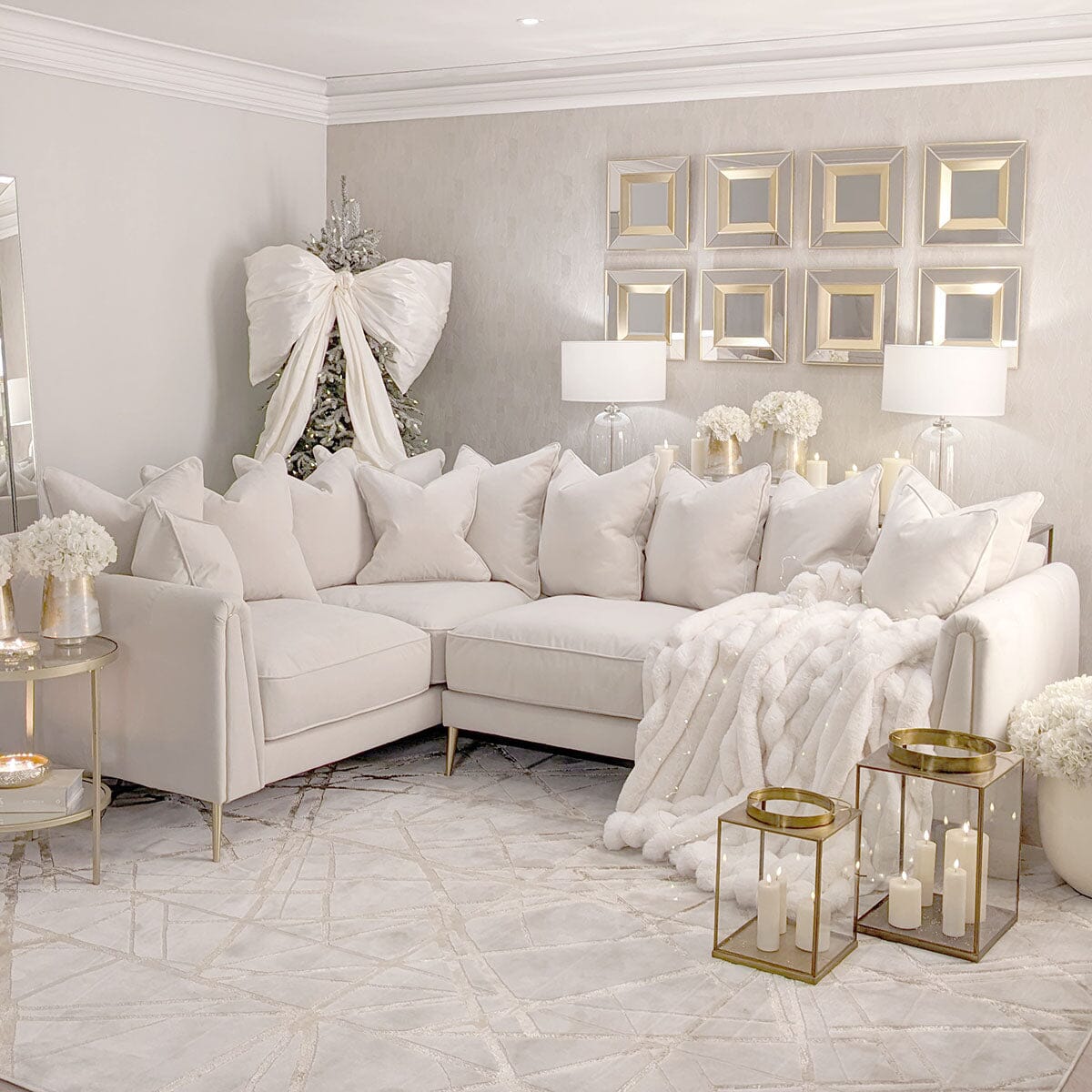 Alaina Cream Velvet Scatter Back Left Hand Facing Corner Sofa with Gol ...