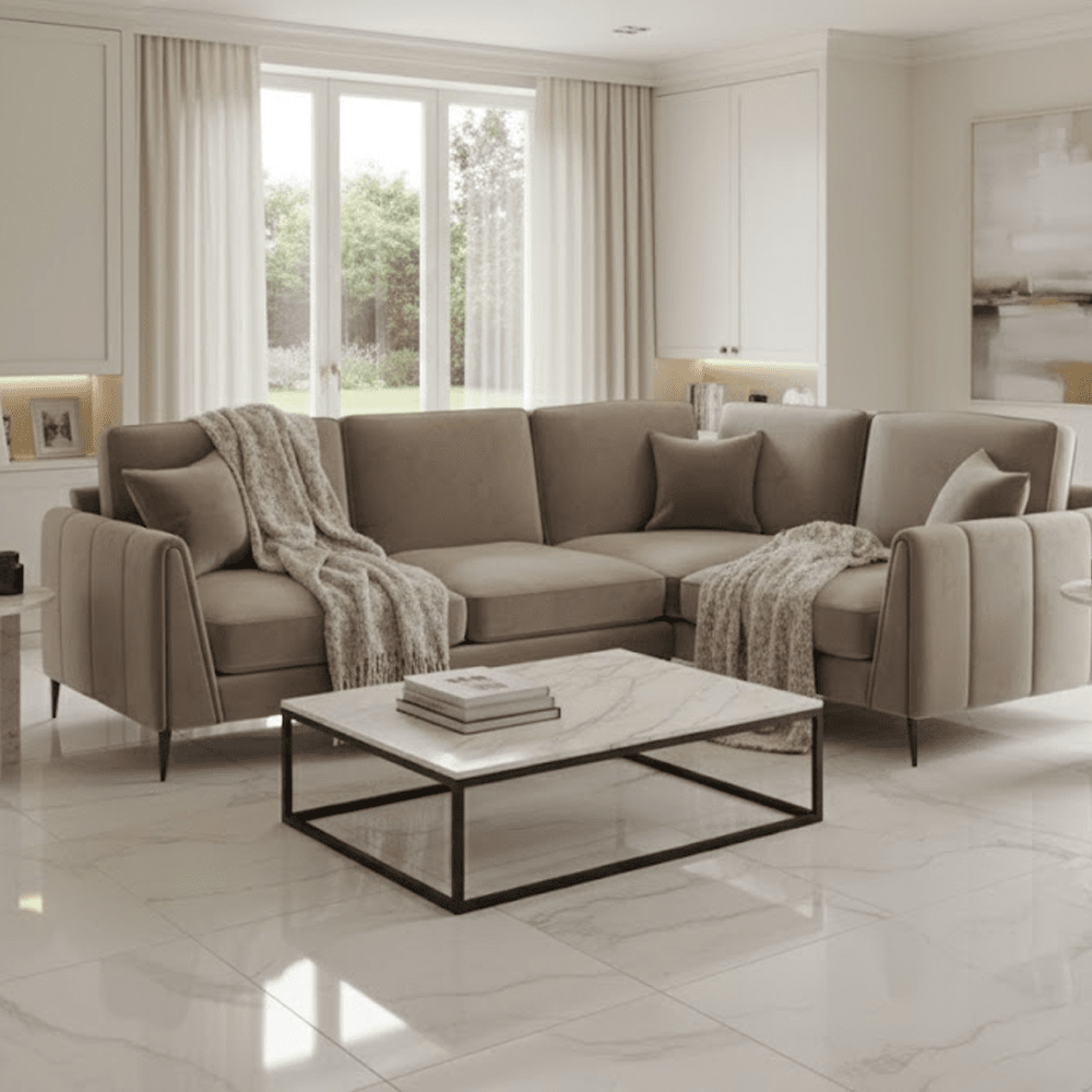 Alaina Mink Velvet Right Hand Facing Corner Sofa with Black Legs ...