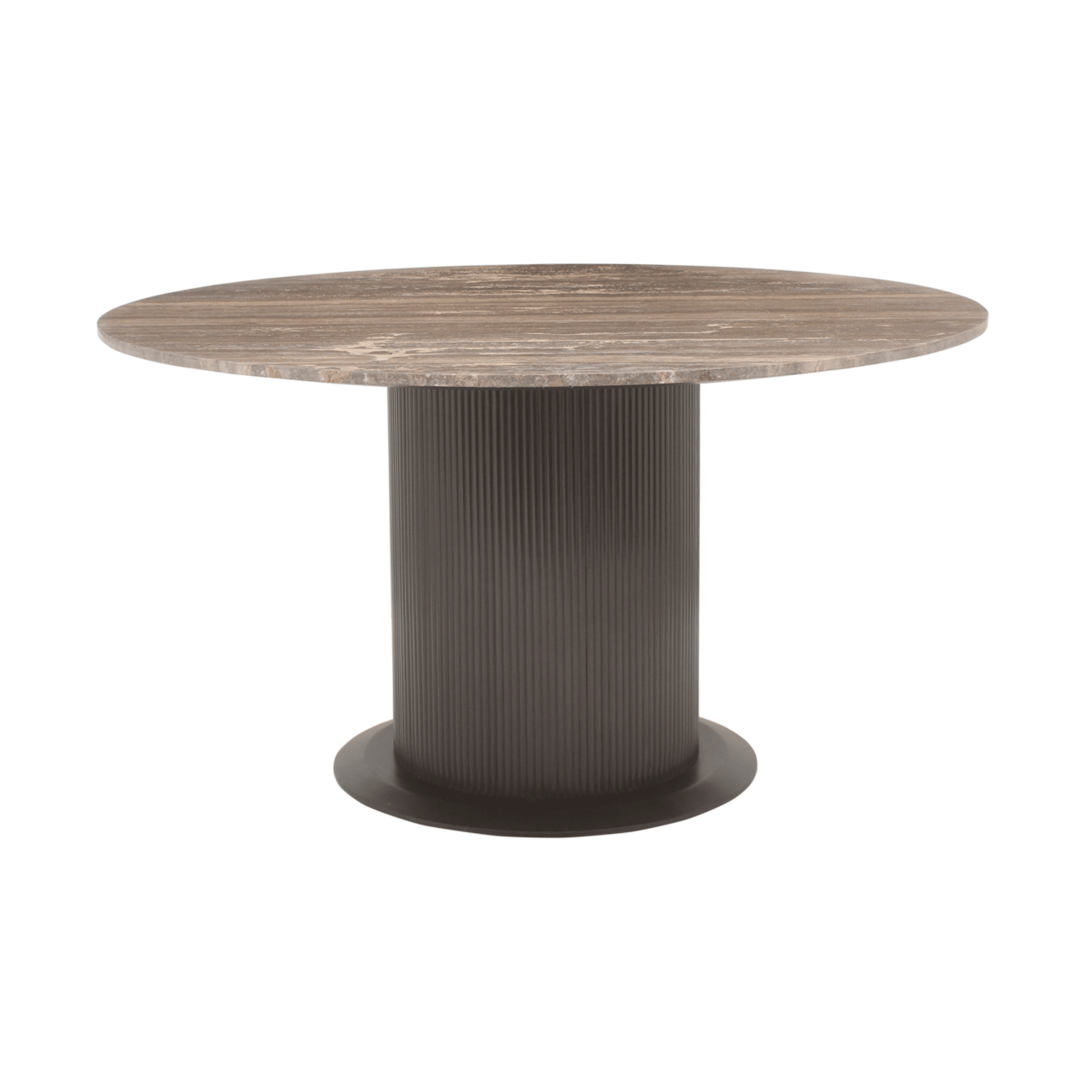 Aya Brown Ribbed Round Dining Table with Travertine Top – Rowen Homes