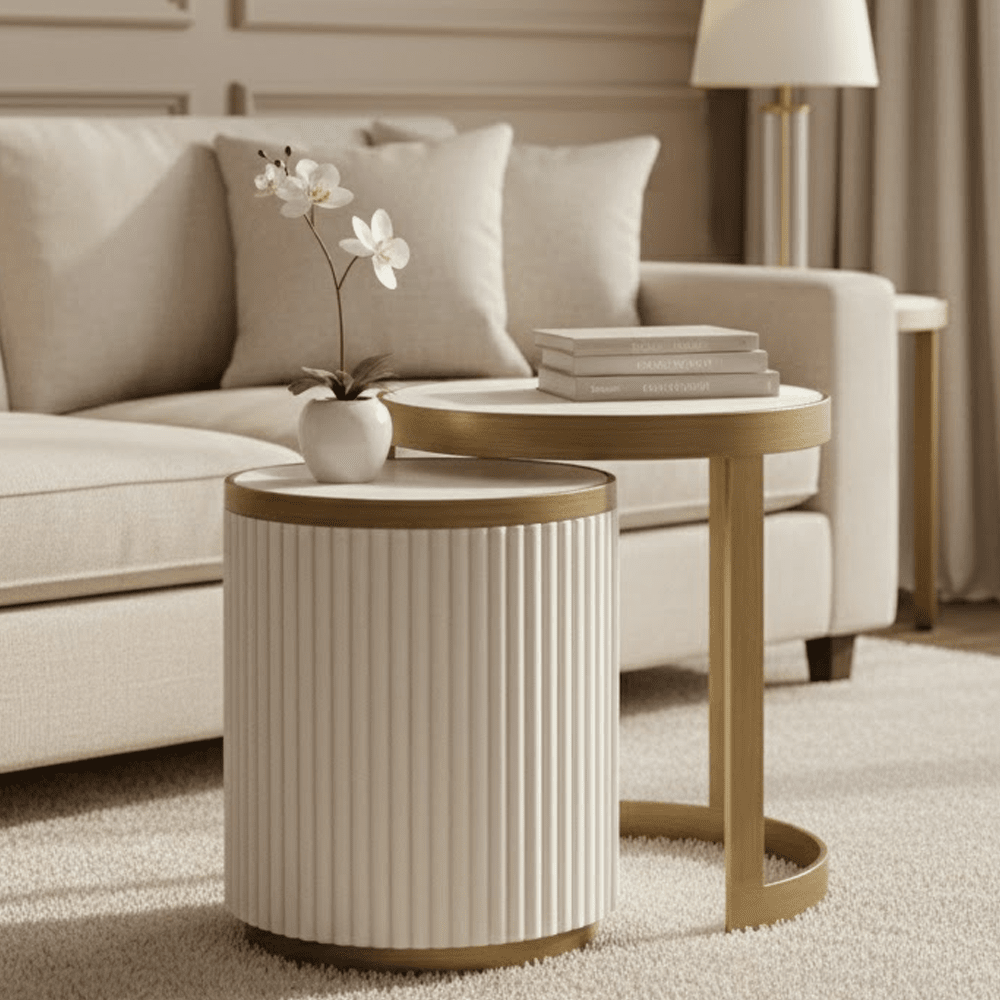 Camille Luxury Cream & Gold Ribbed Nested Side Tables with Ceramic Mar ...
