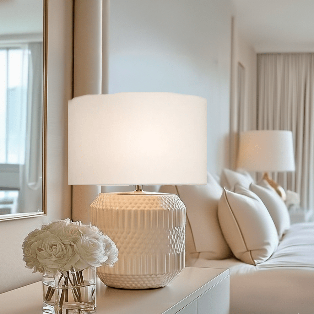 Candar White Geometric Textured Ceramic Table Lamp – Rowen Homes
