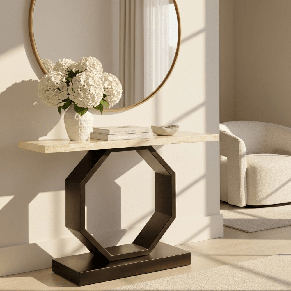 Cassiane Travertine Top Console Table with Black Base – Rowen Homes
