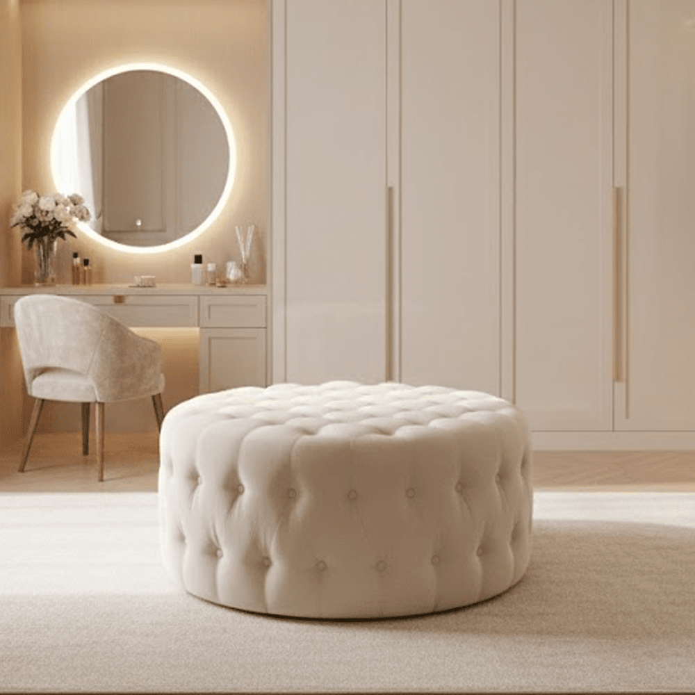 Diele Beige Velvet Round Tufted Footstool – Rowen Homes