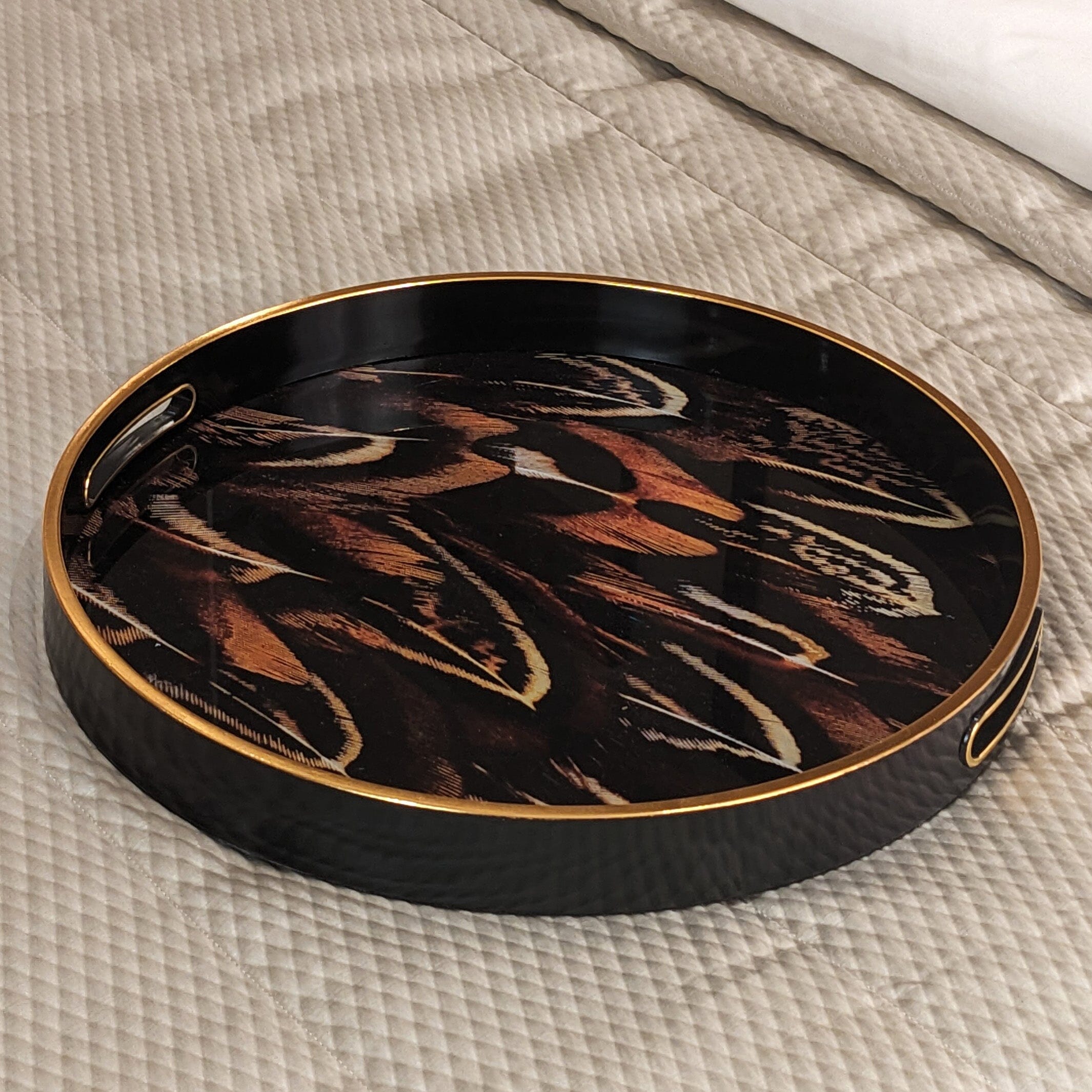 Doppio Black, Gold & Rust Feather Effect Round Decorative Tray – Rowen ...