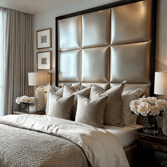 Dream Luxury Gold Satin Squares Headboard with Black Wooden Frame ...