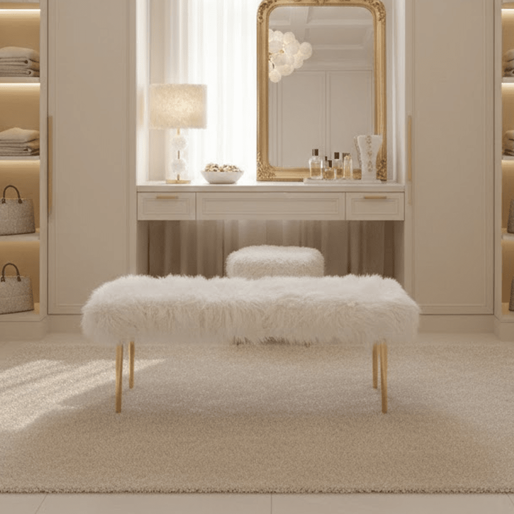 Elinor White Faux Fur Bench with Gold Legs – Rowen Homes
