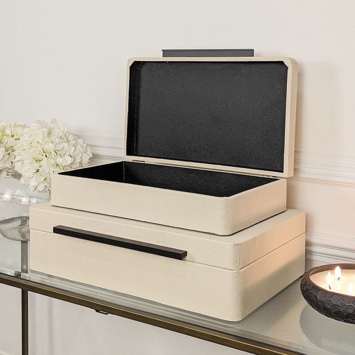 Eliza Luxury Cream Decorative Trinket Boxes with Black Handles - Set o ...