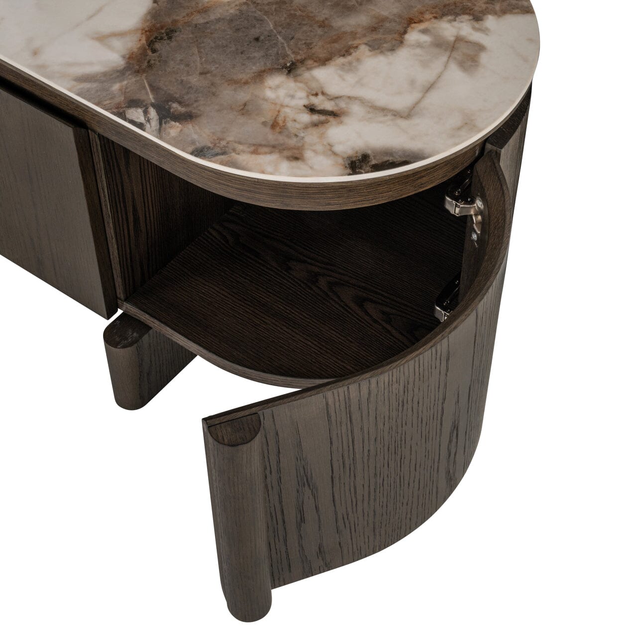Estrille Brown Oak Veneer Oval TV Unit with Faux Marble Top – Rowen Homes