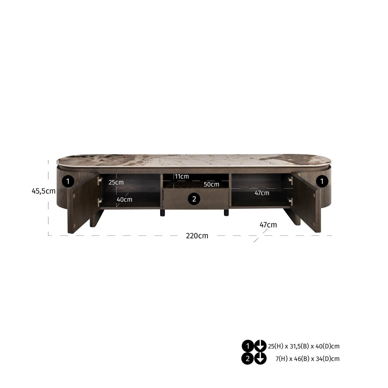 Estrille Brown Oak Veneer Oval TV Unit with Faux Marble Top – Rowen Homes