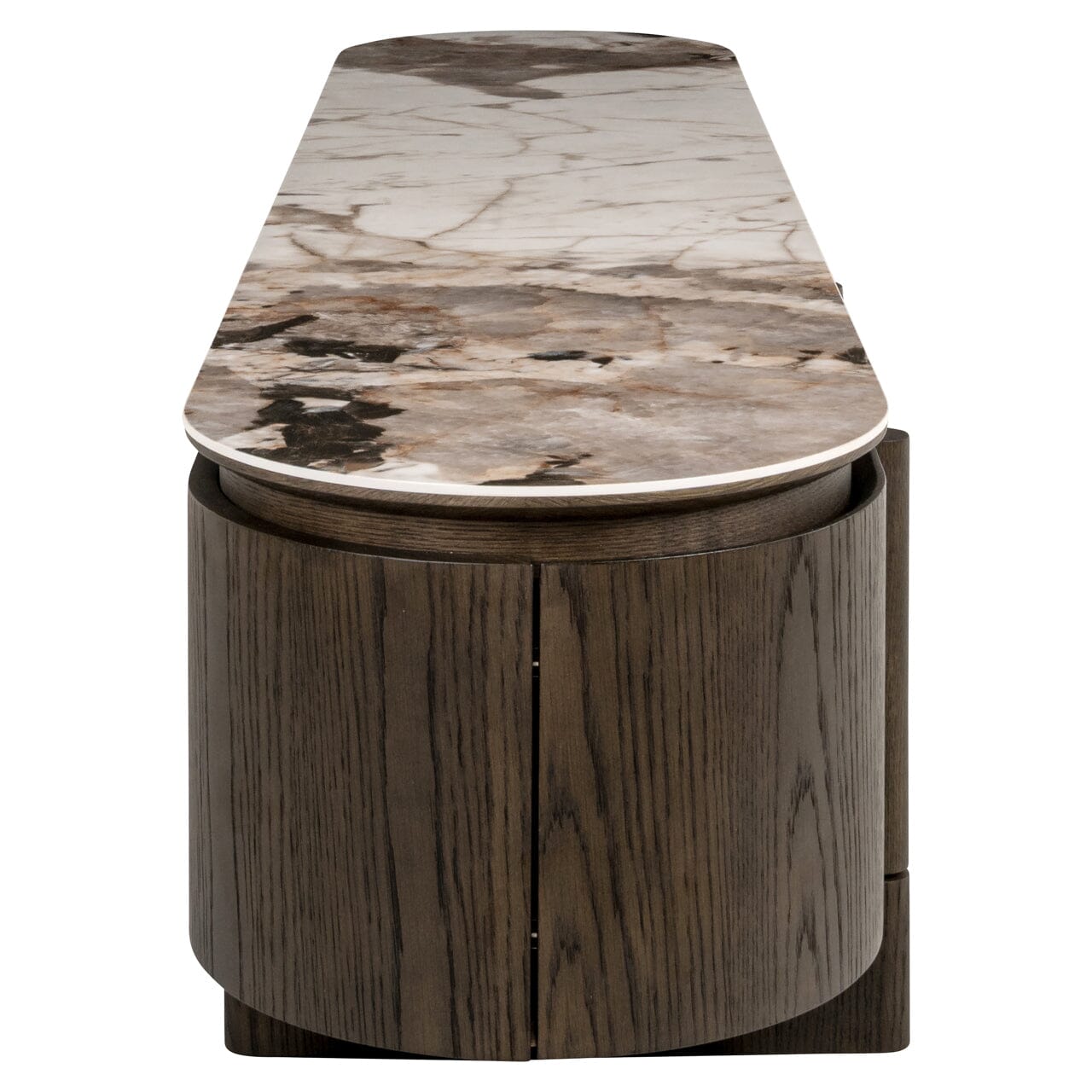 Estrille Brown Oak Veneer Oval TV Unit with Faux Marble Top – Rowen Homes