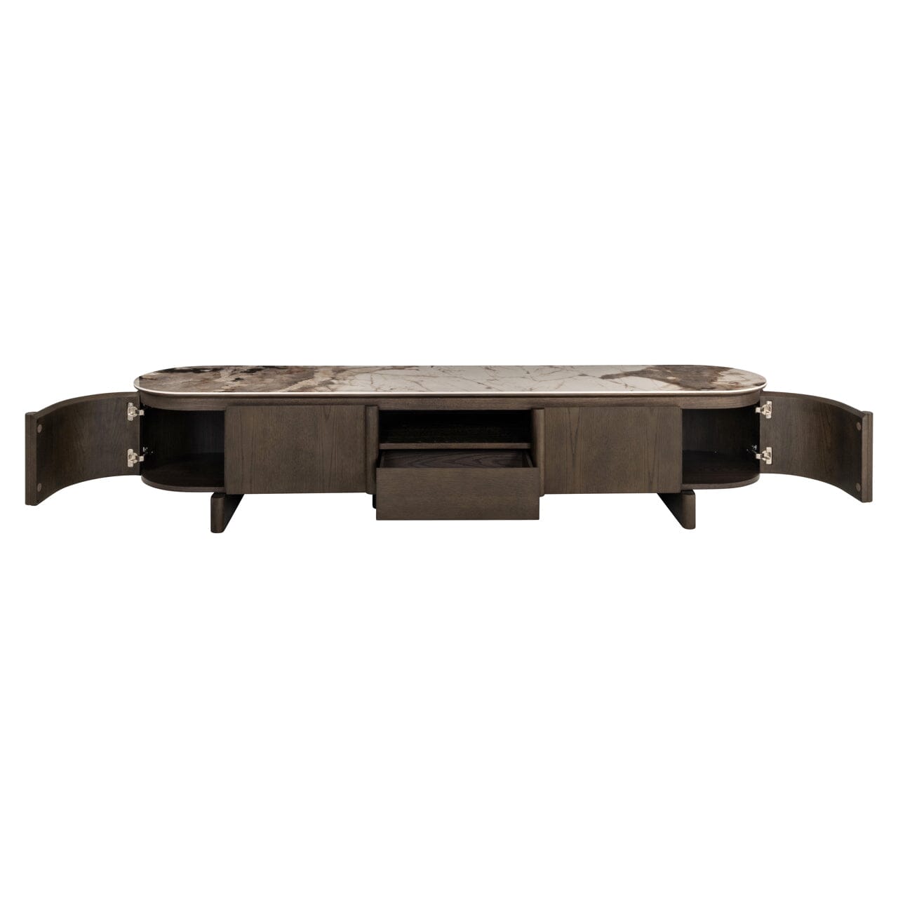 Estrille Brown Oak Veneer Oval TV Unit with Faux Marble Top – Rowen Homes