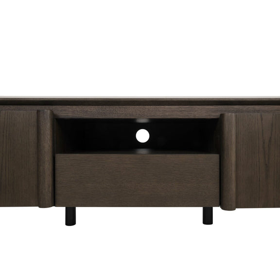 Estrille Brown Oak Veneer Oval TV Unit with Faux Marble Top – Rowen Homes