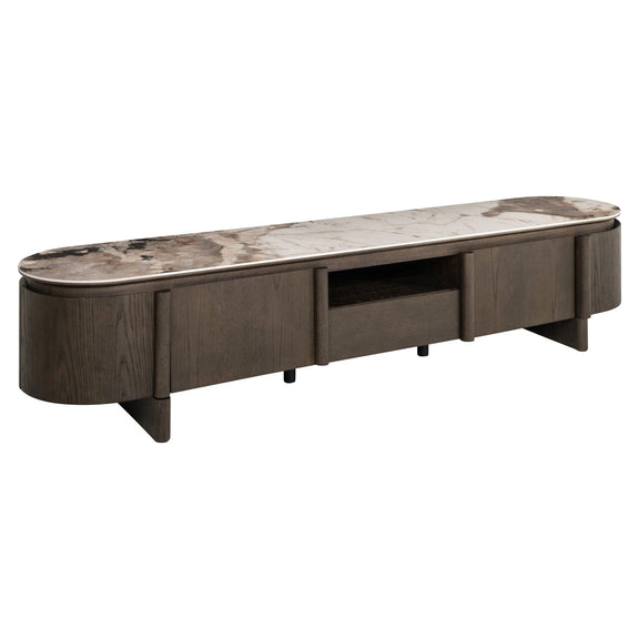 Estrille Brown Oak Veneer Oval TV Unit with Faux Marble Top – Rowen Homes