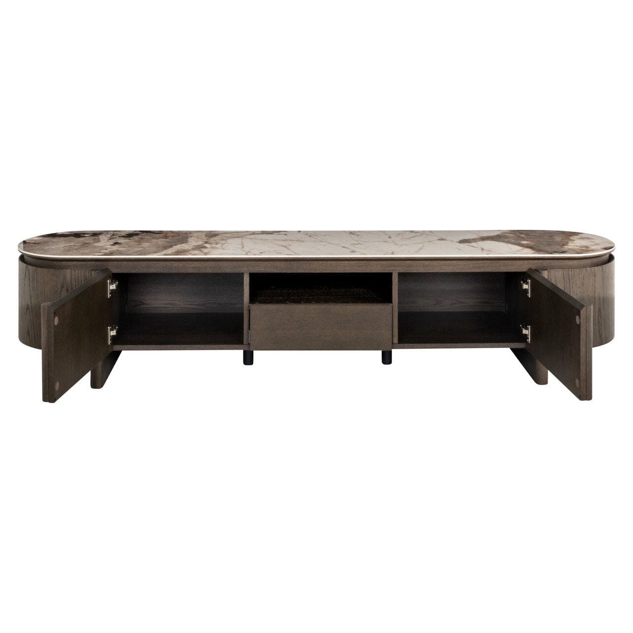 Estrille Brown Oak Veneer Oval TV Unit with Faux Marble Top – Rowen Homes