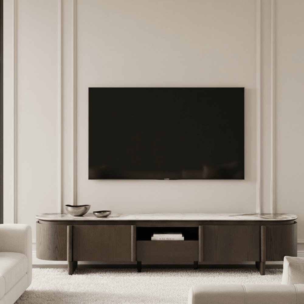 Estrille Brown Oak Veneer Oval TV Unit with Faux Marble Top – Rowen Homes