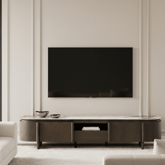 Estrille Brown Oak Veneer Oval TV Unit with Faux Marble Top – Rowen Homes