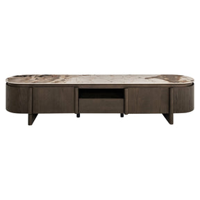 Estrille Brown Oak Veneer Oval TV Unit with Faux Marble Top – Rowen Homes