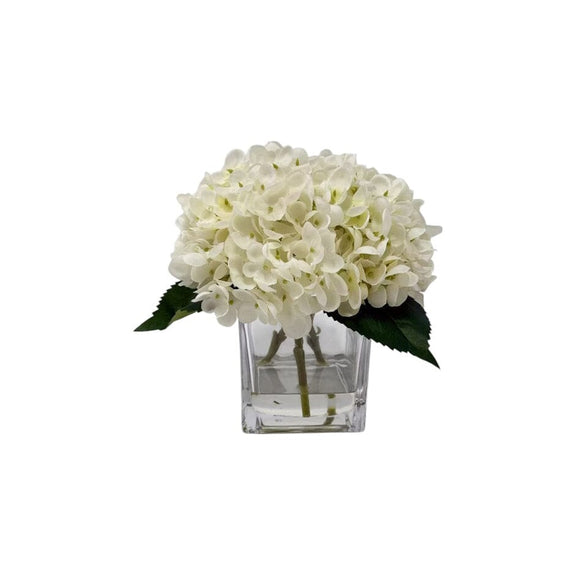 Faux Cream Hydrangeas Floral Arrangement in Square Glass Vase – Rowen Homes