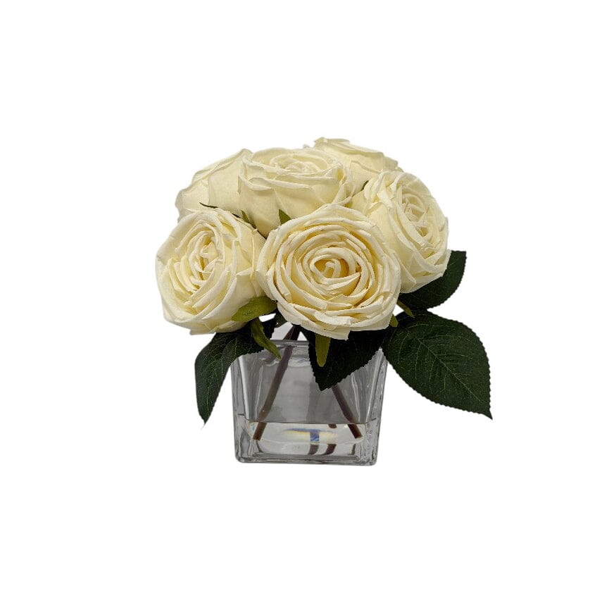 Faux Cream Rose Floral Arrangement in Square Glass Vase – Rowen Homes