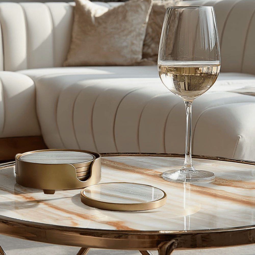 Gold Marble Effect Coasters with Gold Holder - Set of 4 – Rowen Homes