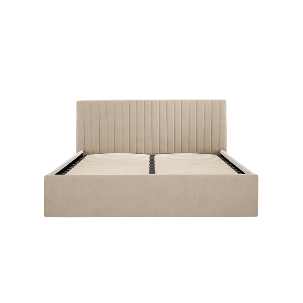 Harriet Low Beige Velvet Channelled Ottoman Bed – Rowen Homes