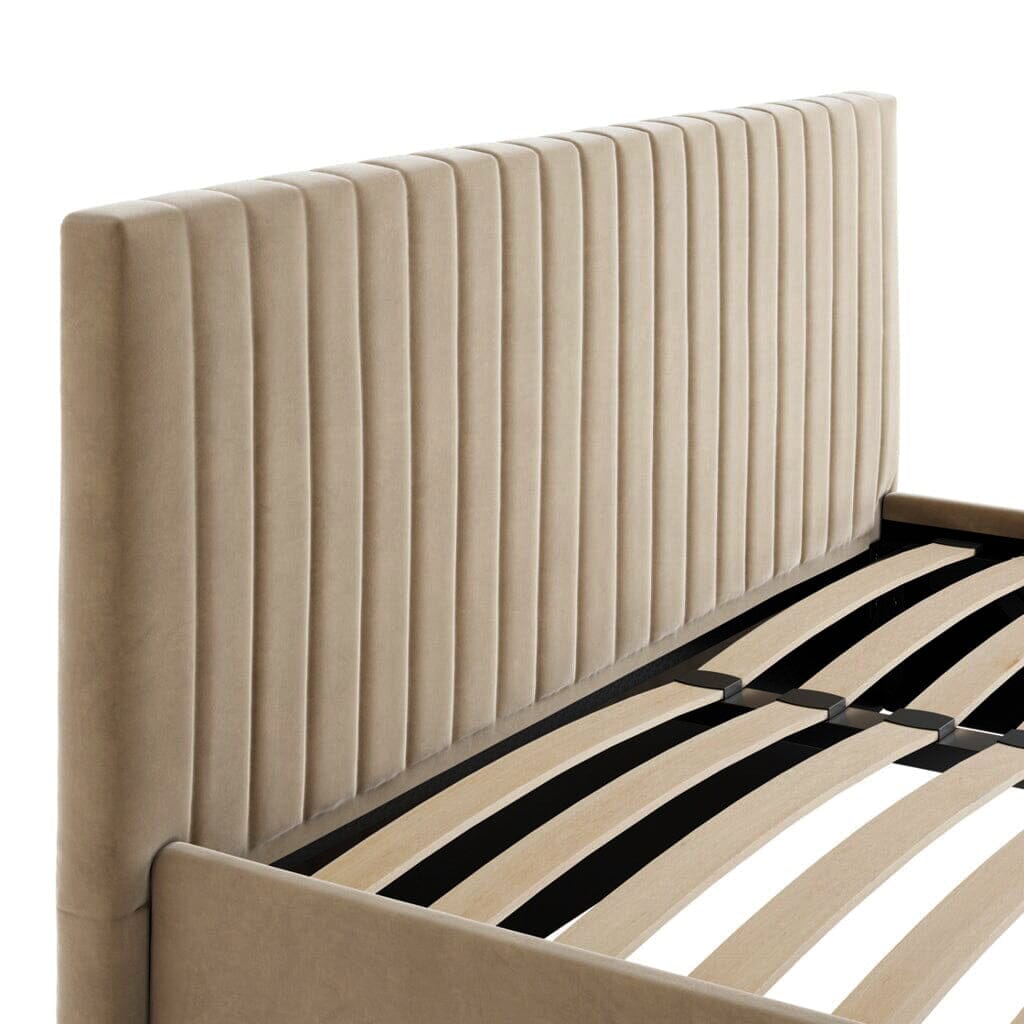 Shop Harriet Low Beige Velvet Channelled Ottoman Bed – Rowen Homes