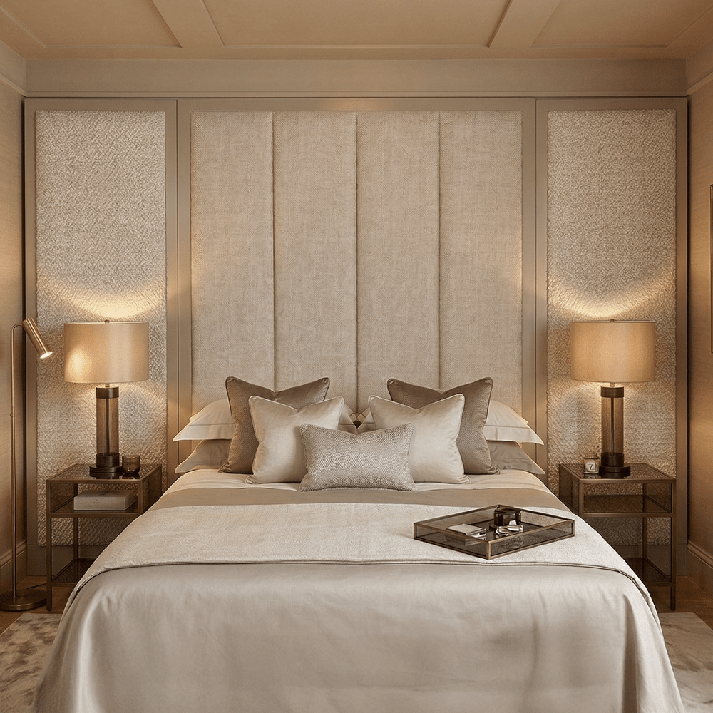 Harrington Almond Woven Channelled Headboard with Mid Taupe Frame & Cr ...