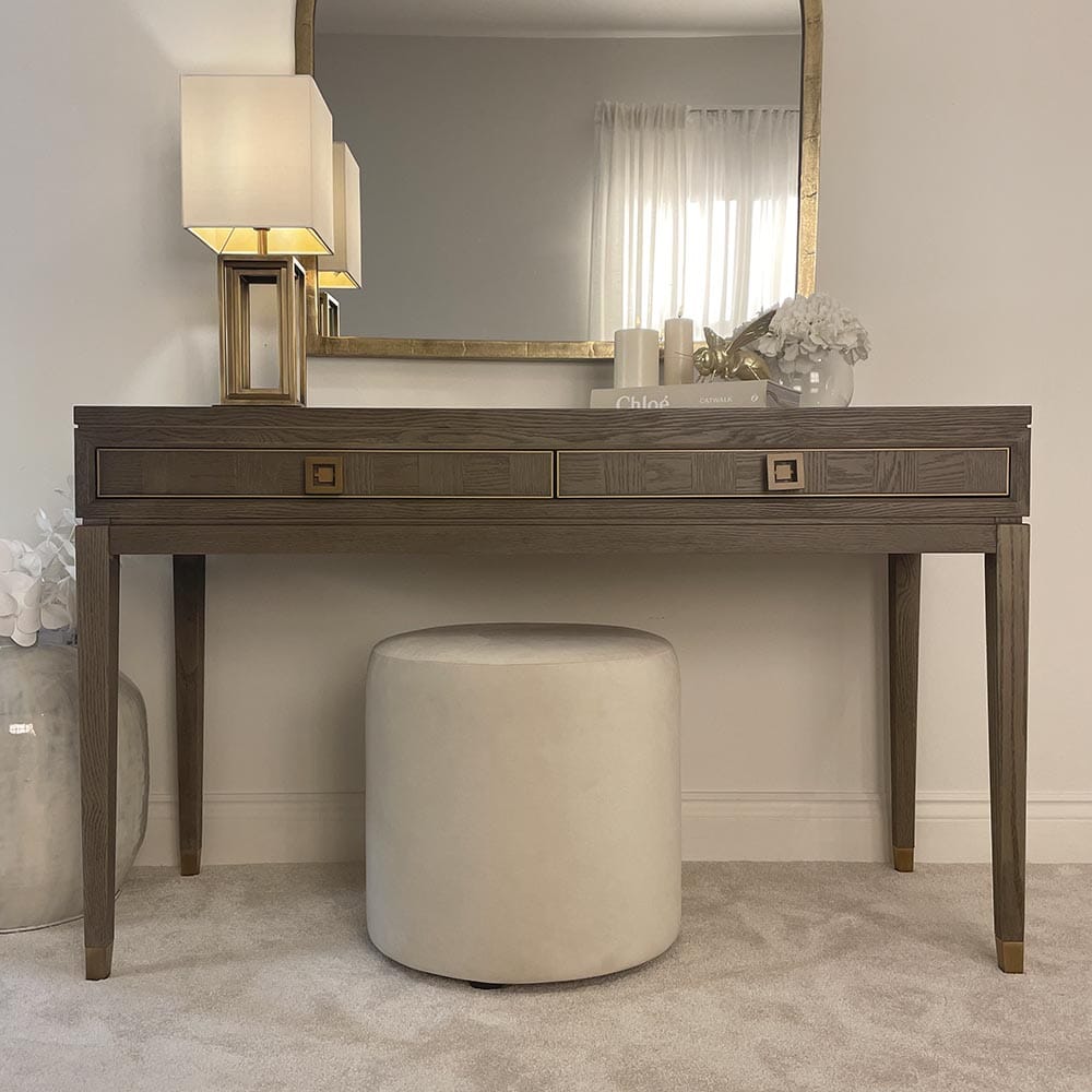 Haye 2 Drawer Chestnut & Gold Dressing Table with Glass Top – Rowen Homes