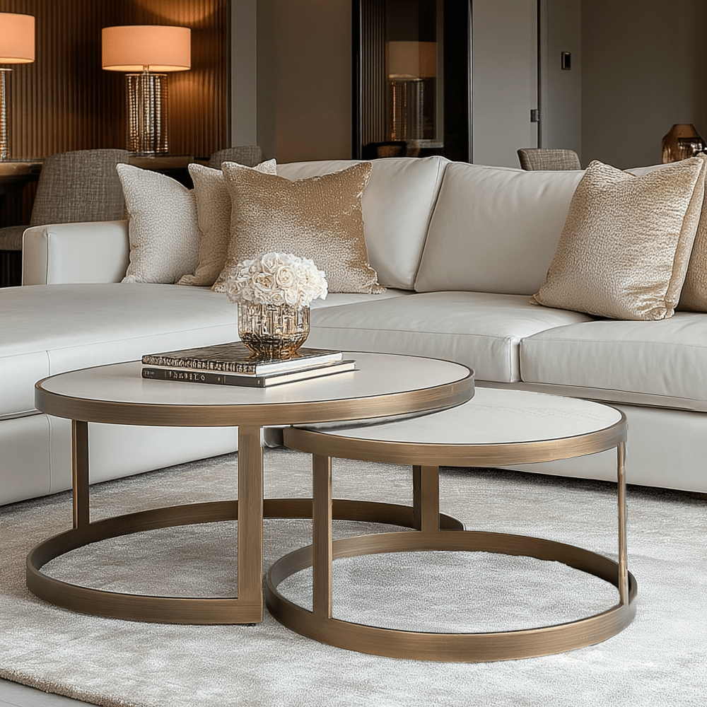 Helena Luxury Cream Oak Veneer Nested Coffee Tables with Brass Detaili ...