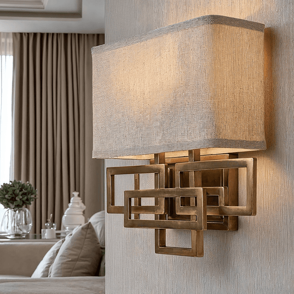 Jennifer Brushed Brass 2 Light Wall Light with Linen Shade – Rowen Homes