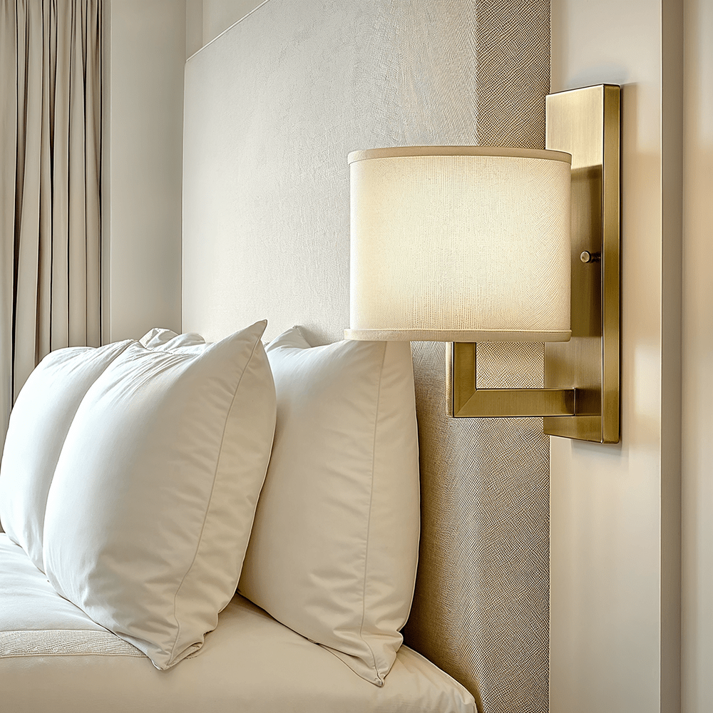 Jessie Brushed Brass Wall Light with Linen Shade – Rowen Homes