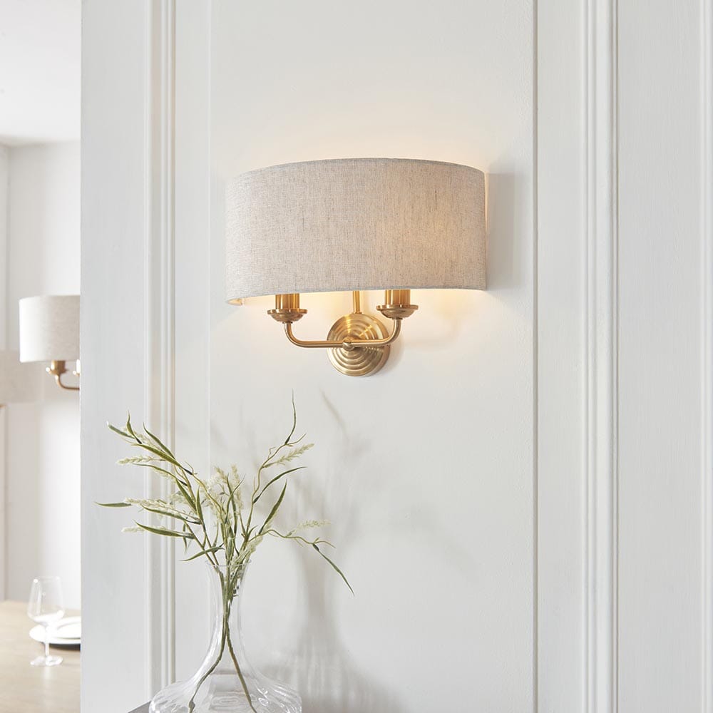 Juniper 2 Light Brass Wall Light with Neutral Shade – Rowen Homes