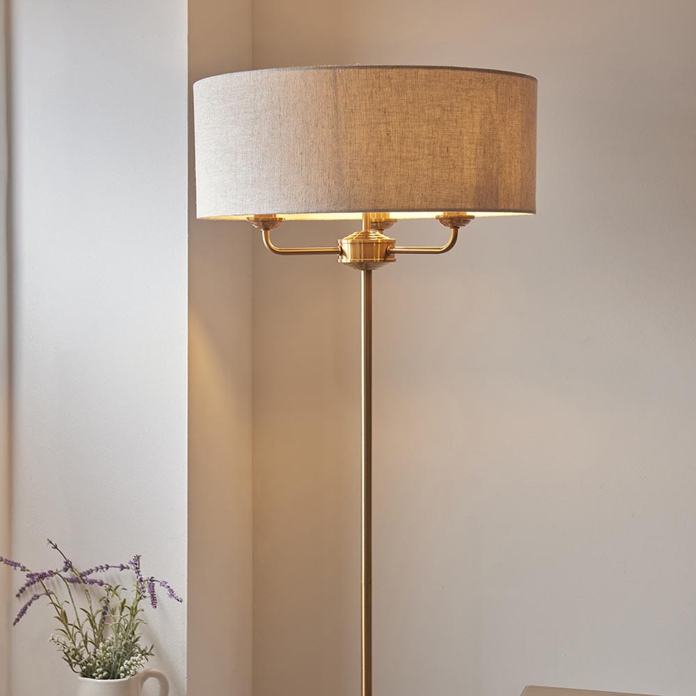Juniper 3 Light Brass Floor Lamp with Neutral Shade – Rowen Homes