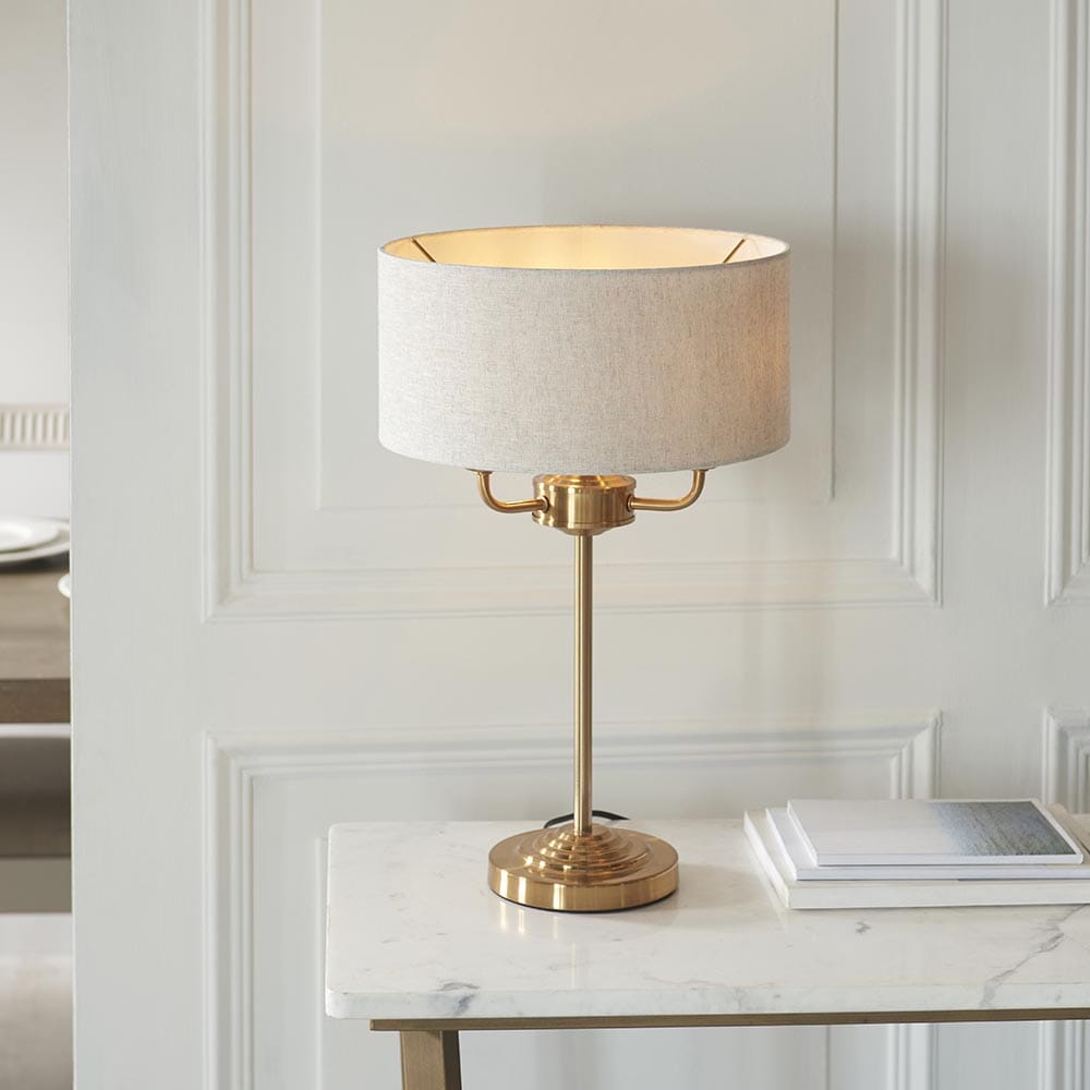 Juniper 3 Light Brass Table Lamp with Neutral Shade – Rowen Homes