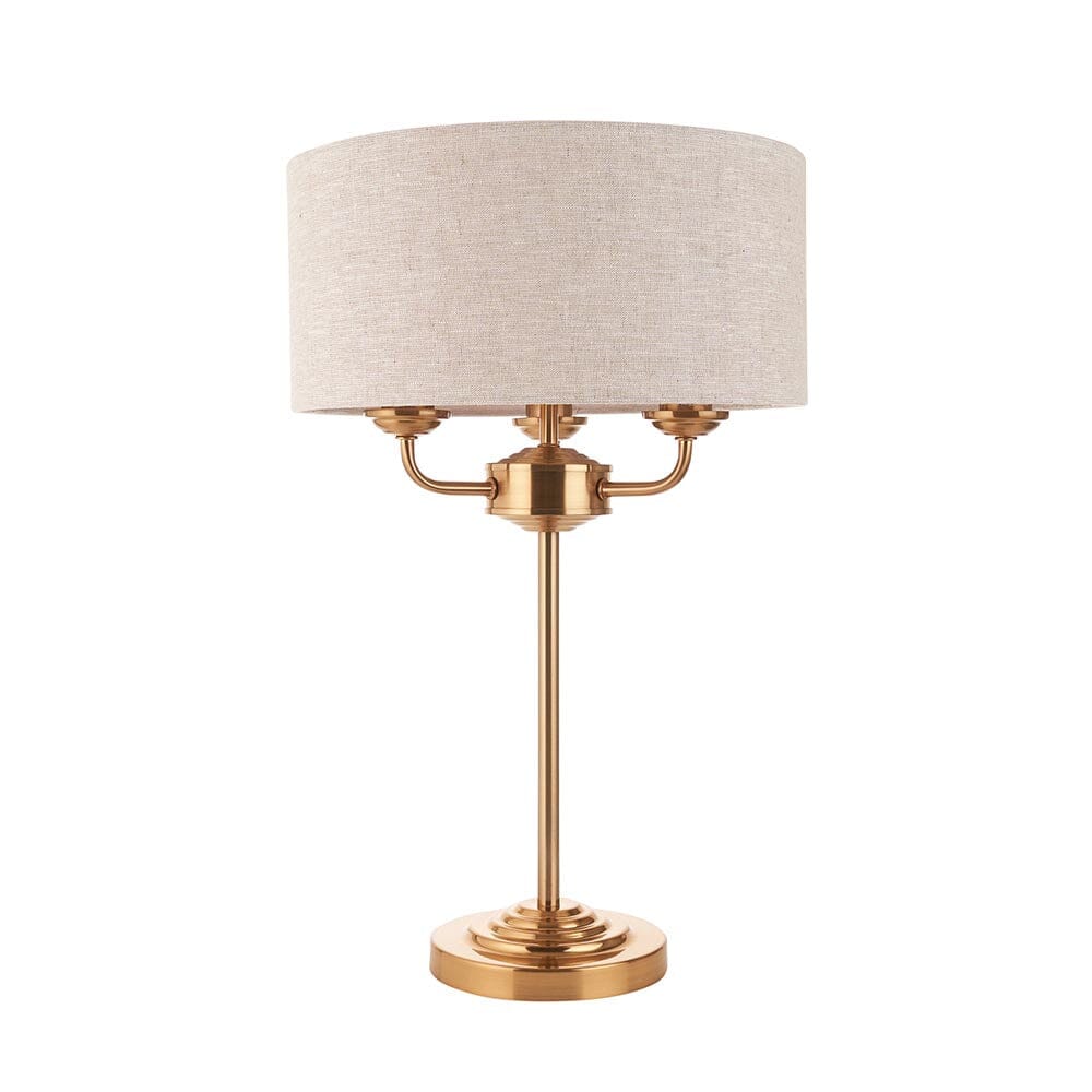 Juniper 3 Light Brass Table Lamp with Neutral Shade – Rowen Homes
