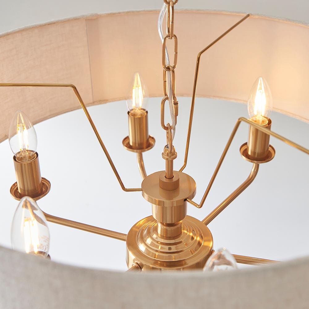 Juniper 6 Light Brass Pendant Ceiling Light with Neutral Shade – Rowen ...