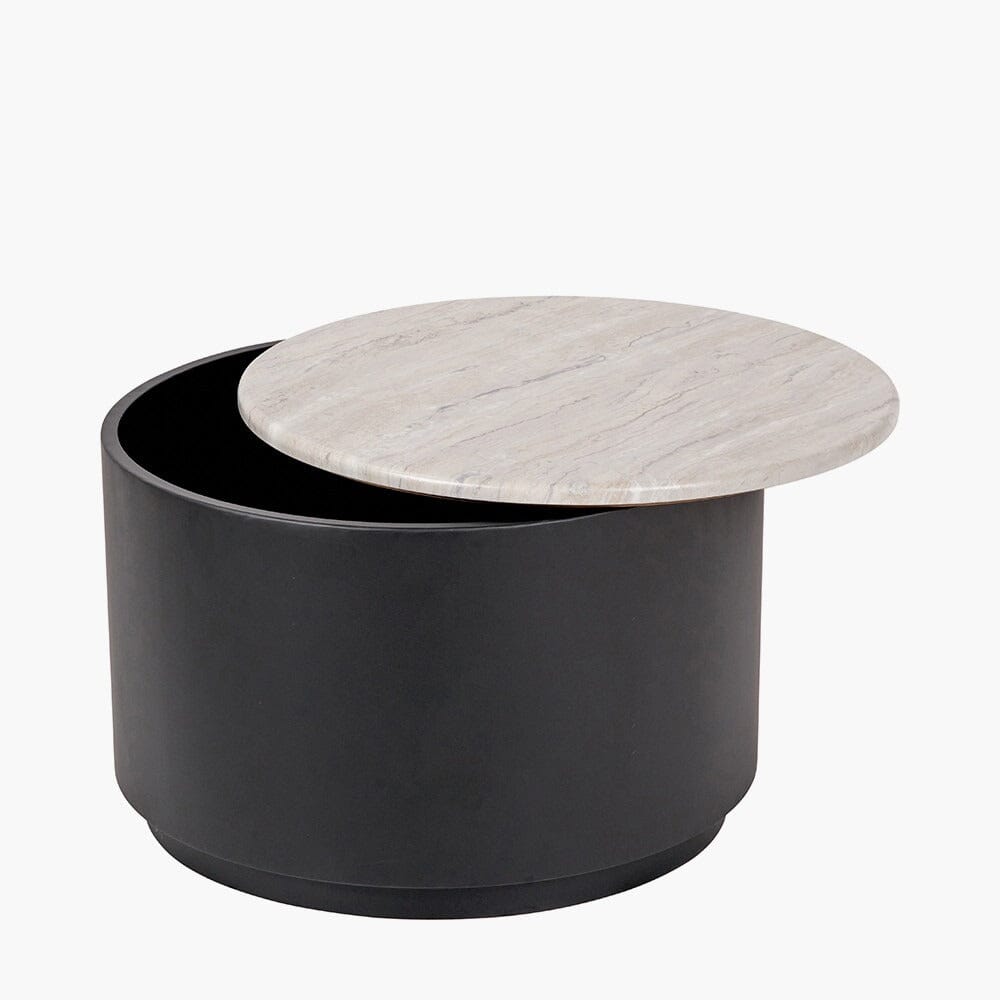 Keziah Black Round Storage Coffee Table with Faux White Marble Top ...