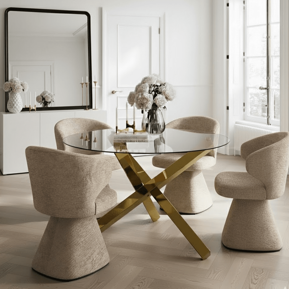 Kimberly Gold & Glass Cross Base Round Dining Table – Rowen Homes