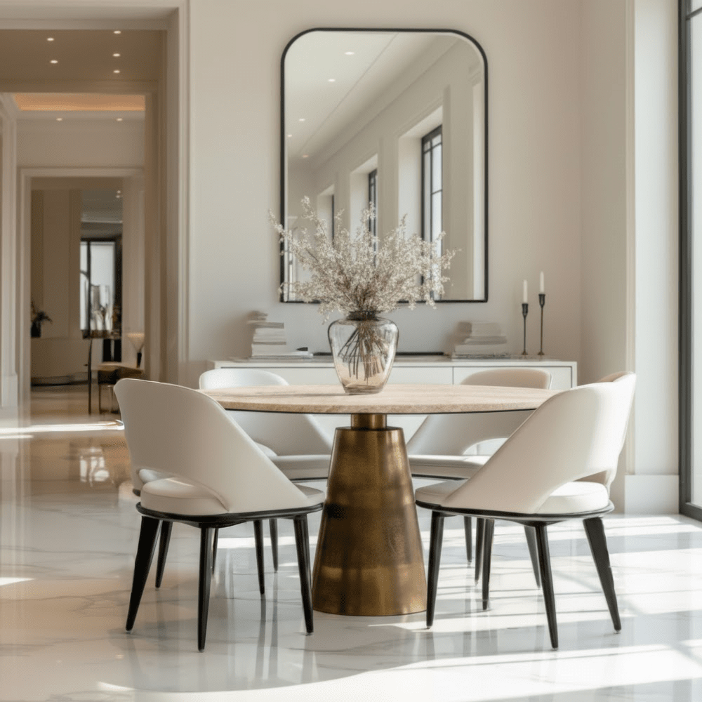 Macci Large Antique Brass Round Dining Table with Travertine Top ...