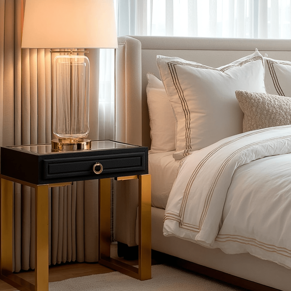Maja Black Faux Shagreen 1 Drawer Bedside Table with Gold Legs – Rowen ...