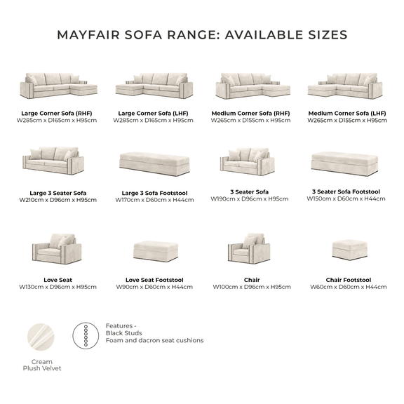 Mayfair Cream Velvet Sofa Collection, With Black Studs – Rowen Homes