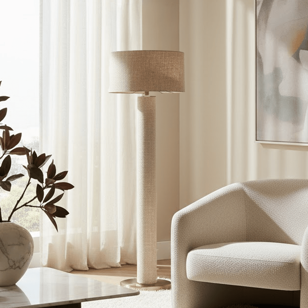 Nerisse Beige Linen Fabric Floor Standing Lamp with Gold Base – Rowen Homes