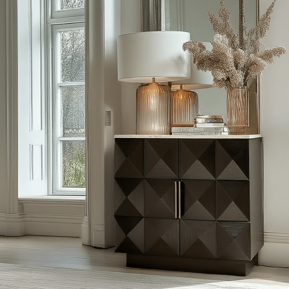 Norah Deep Brown 2 Door Sideboard with Travertine Top – Rowen Homes
