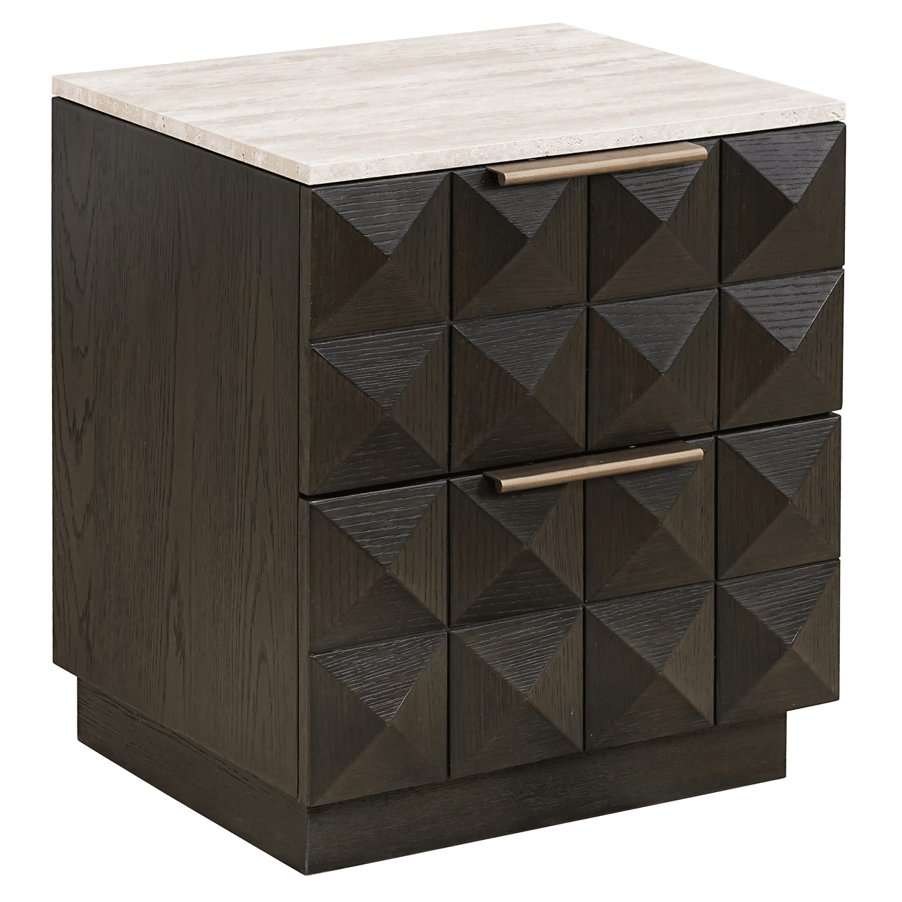 Norah Deep Brown 2 Drawer Bedside Table with Travertine Top – Rowen Homes