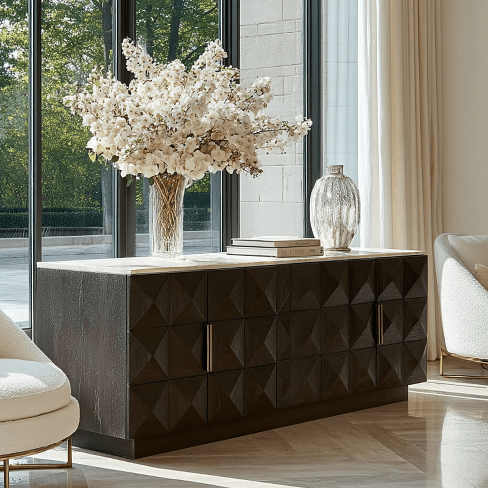 Norah Deep Brown 4 Door Sideboard with Travertine Top – Rowen Homes