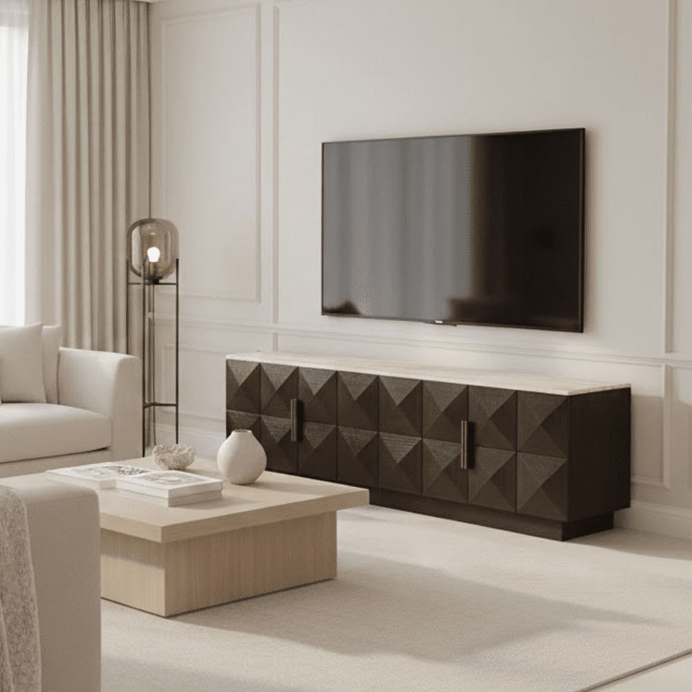 Norah Deep Brown 4 Door TV Unit with Travertine Top – Rowen Homes