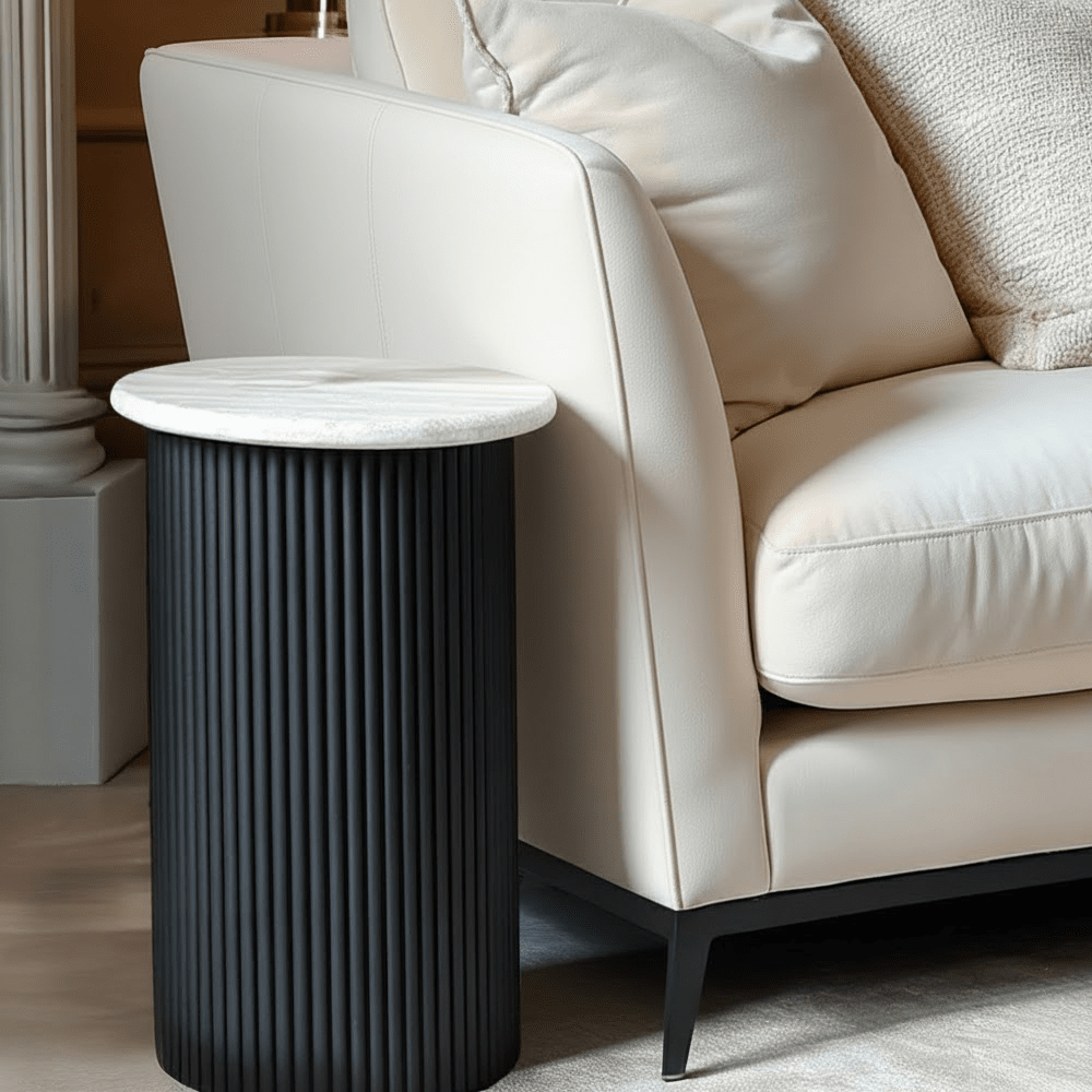 Odelia Black Ribbed Side Table with Marble Top – Rowen Homes