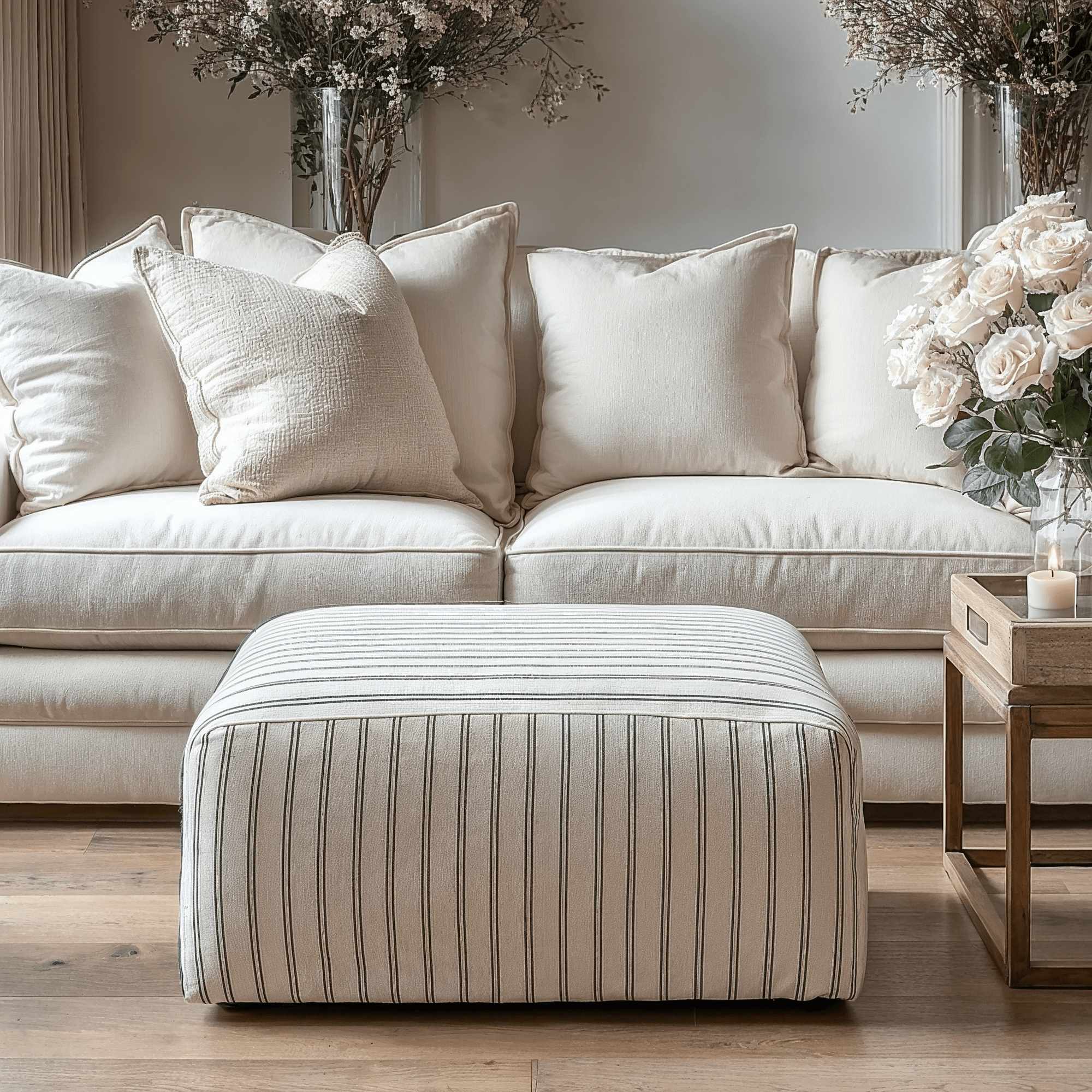 Quince Cream & Charcoal Striped Pouffe – Rowen Homes