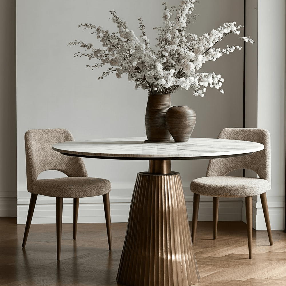 Rezina Antique Bronze Ribbed Round Dining Table with Taupe Marble Top ...