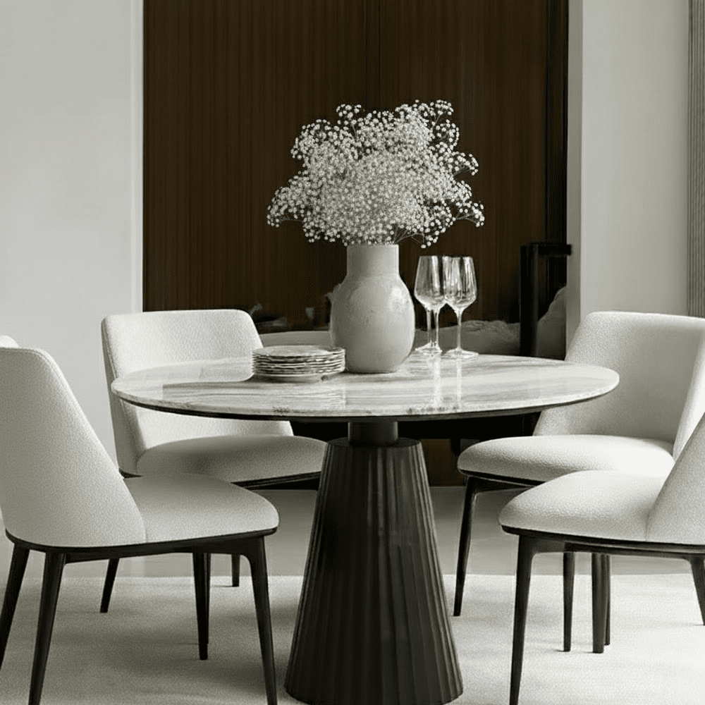 Rezina Matt Black Ribbed Round Dining Table with Taupe Marble Top ...